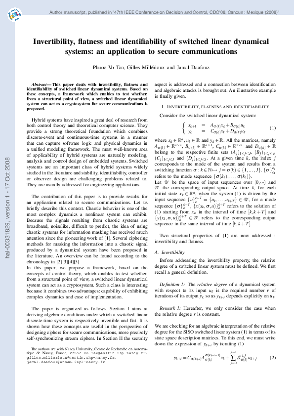 (PDF) Invertibility, flatness and identifiability of switched linear dynamical systems: An ...