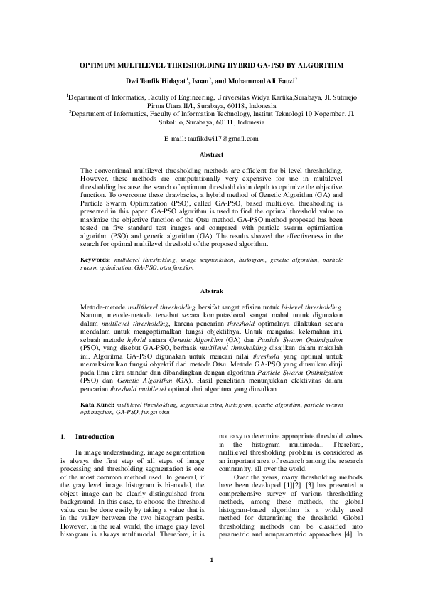 Pdf Optimum Multilevel Thresholding Hybrid Ga Pso By Algorithm