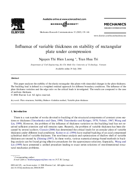 (PDF) Influence of variable thickness on stability of rectangular plate ...