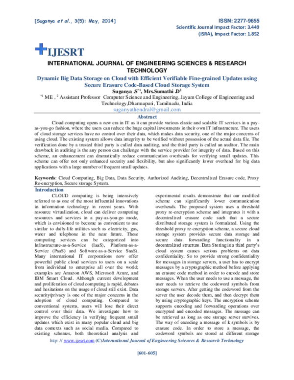 Pdf Dynamic Big Data Storage On Cloud With Efficient Verifiable Fine Grained Updates Using