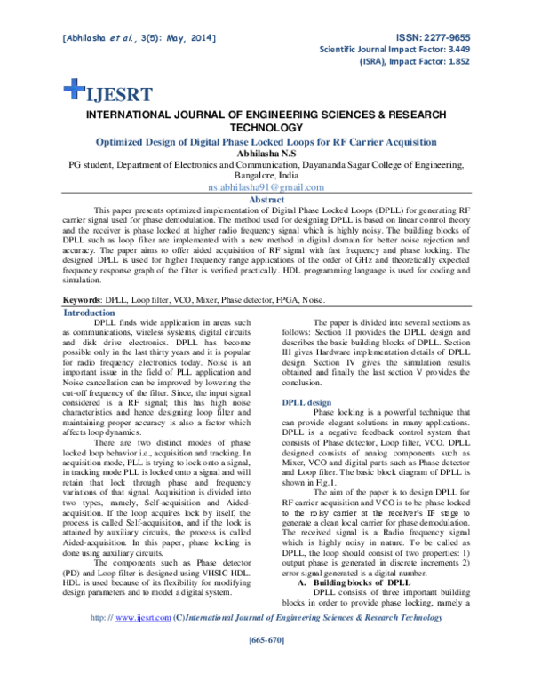 Pdf Optimized Design Of Digital Phase Locked Loops For Rf Carrier Acquisition