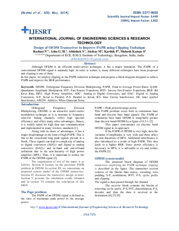Pdf Design Of Ofdm Transceiver To Improve Papr Using Clipping Technique Ijesrt Journal