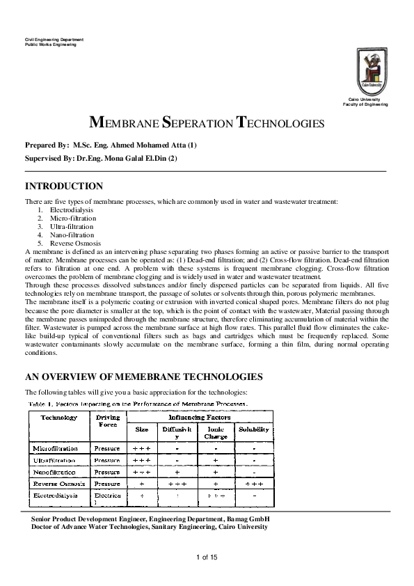 (PDF) Application of Membrane Technologies