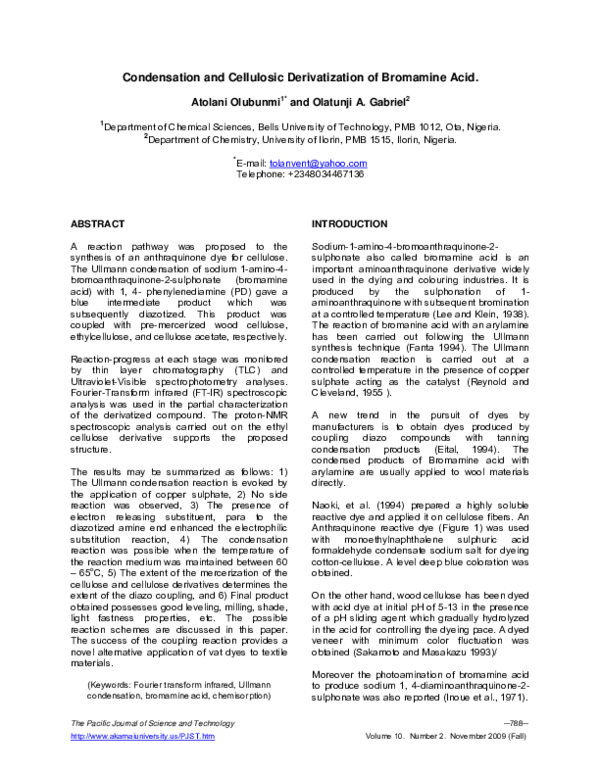 (PDF) Condensation and Cellulosic Derivatization of Bromamine Acid