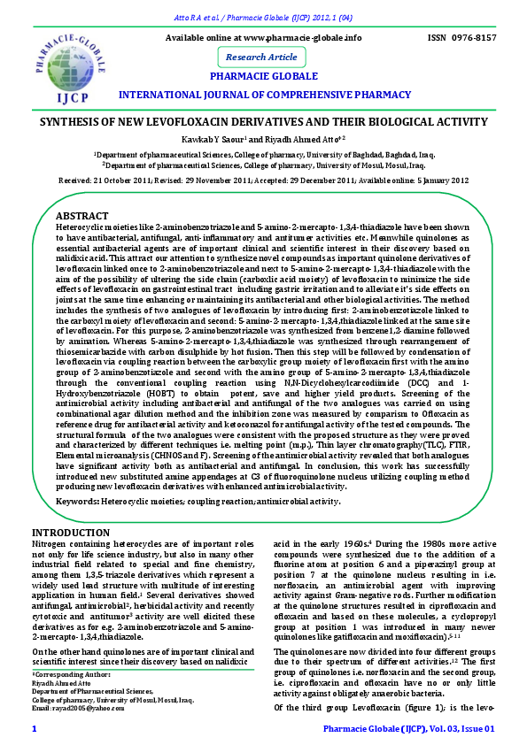 (PDF) SYNTHESIS OF NEW LEVOFLOXACIN DERIVATIVES AND THEIR BIOLOGICAL ...
