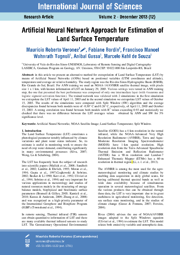 Artificial Neural Network Approach For Estimation Of Land Surface