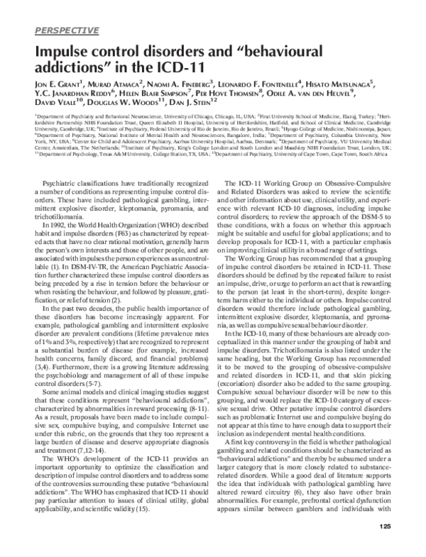 Impulse control disorders and “behavioural addictions” in the ICD-11, 2014