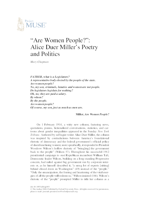 (PDF) “‘Are Women People?’: Alice Duer Miller's Politics and Poetry.”