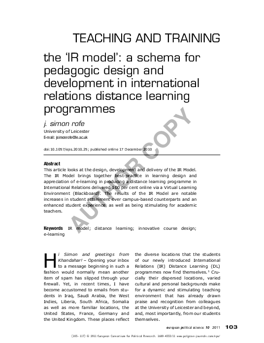 (PDF) ‘The “IR model”: A Schema for Pedagogic Development through the ...