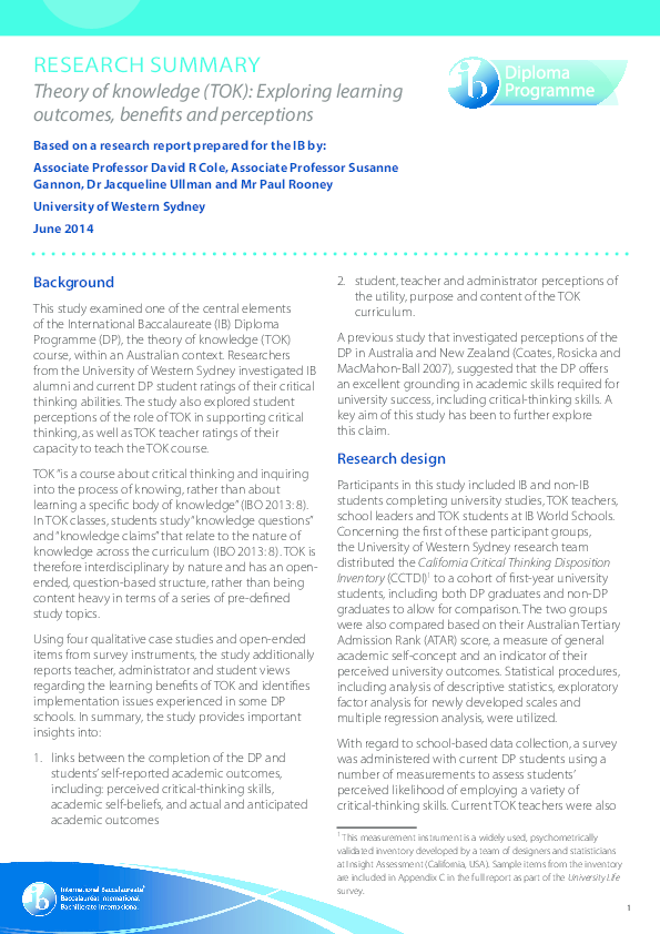 (PDF) Theory of Knowledge (TOK): Exploring learning outcomes, benefits ...