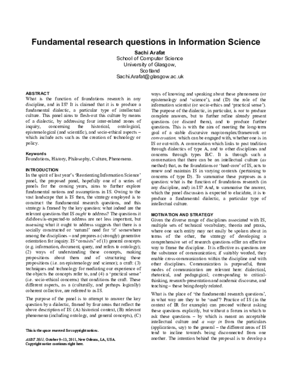 (PDF) Fundamental research questions in information science