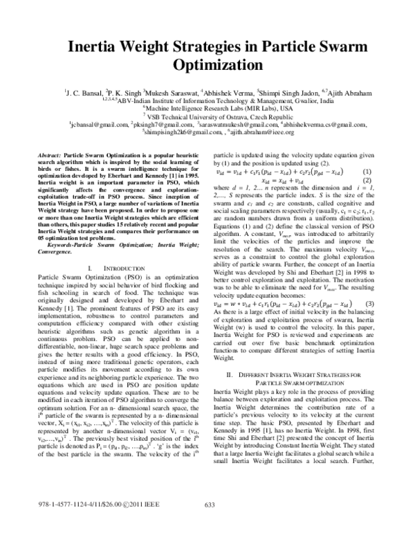 Pdf Inertia Weight Strategies In Particle Swarm Optimization