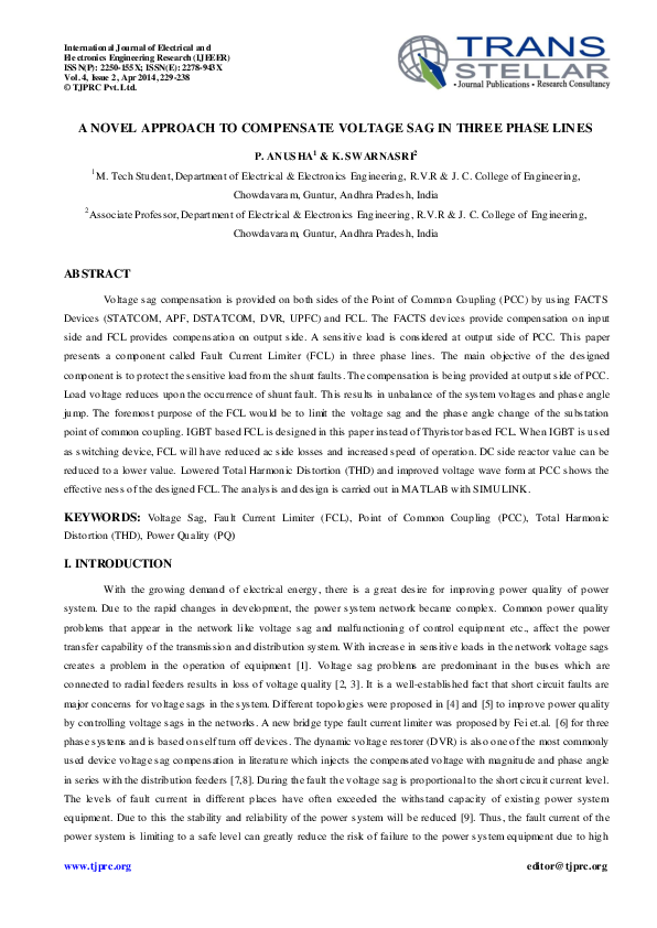Pdf A Novel Approach To Compensate Voltage Sag In Three Phase Lines