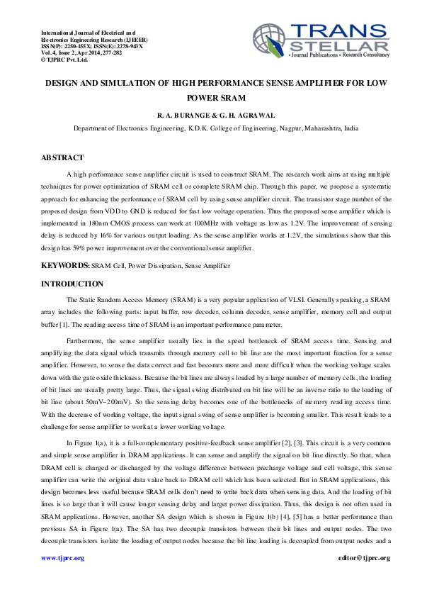 (PDF) DESIGN AND SIMULATION OF HIGH PERFORMANCE SENSE AMPLIFIER FOR LOW POWER SRAM