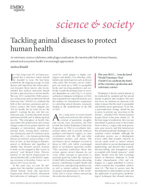 (PDF) Tackling animal diseases to protect human health. As veterinary ...