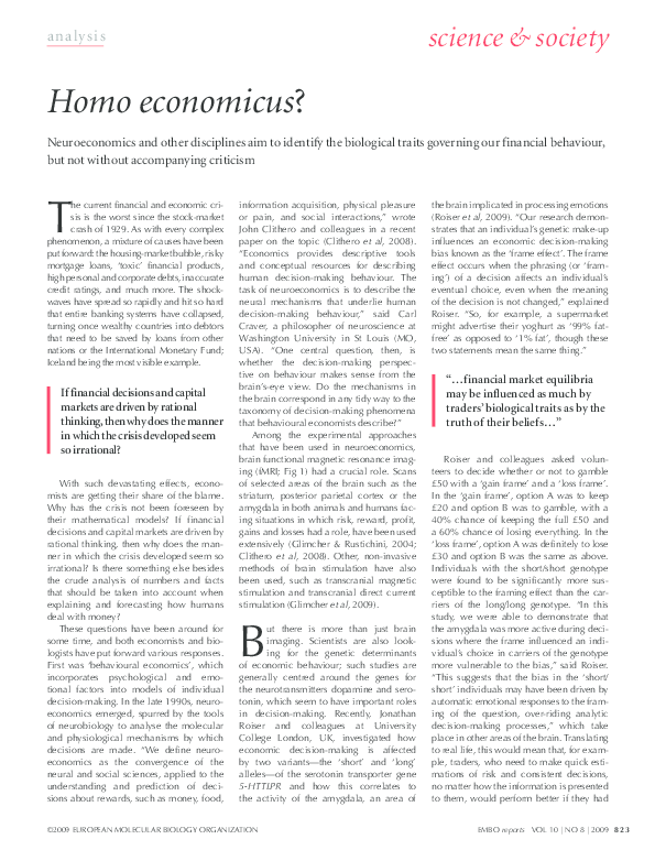 (PDF) Homo economicus? Neuroeconomics and other disciplines aim to identify the biological ...