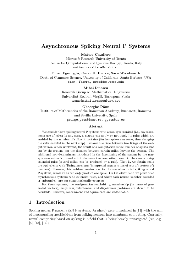 (PDF) Asynchronous spiking neural P systems