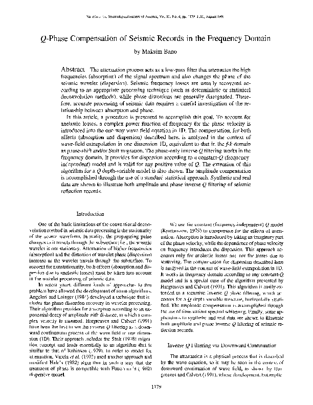 (PDF) Q-Phase Compensation of Seismic Records in the Frequency Domain (PDF) Q-Phase Compensation of Seismic Records in the Frequency Domain