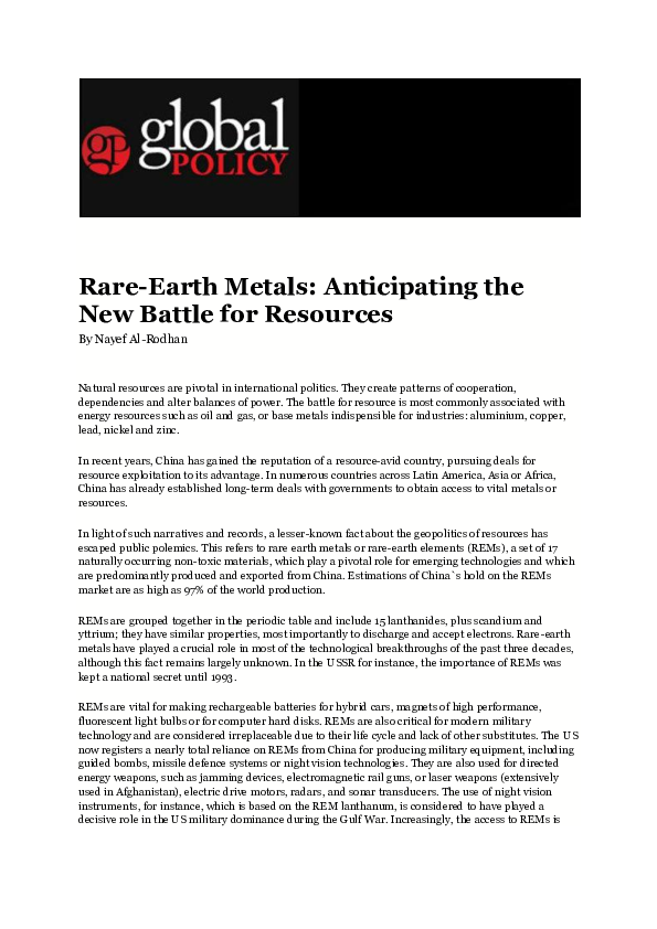 (PDF) Rare-Earth Metals: Anticipating the New Battle for Resources ...