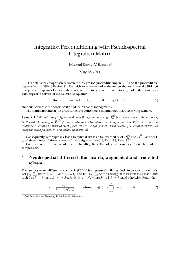 (PDF) Integration preconditioning with pseudospectral integration matrix