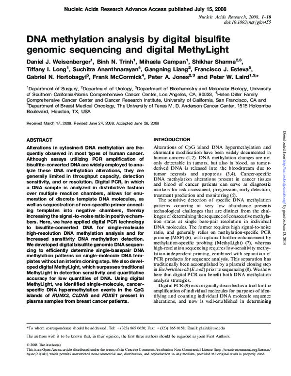 (PDF) DNA methylation analysis by digital bisulfite genomic sequencing and digital MethyLight ...