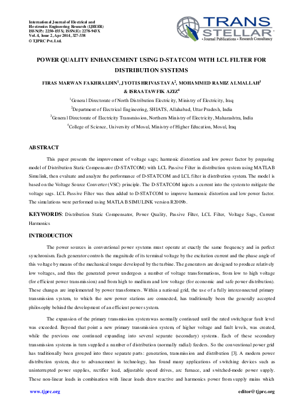 Pdf Power Quality Enhancement Using D Statcom With Lcl Filter For Distribution Systems