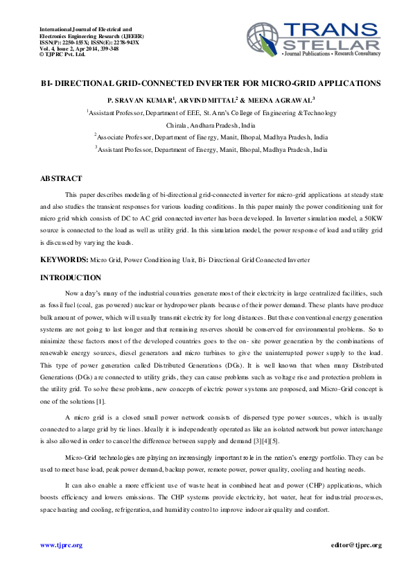 (PDF) BI- DIRECTIONAL GRID-CONNECTED INVERTER FOR MICRO-GRID APPLICATIONS