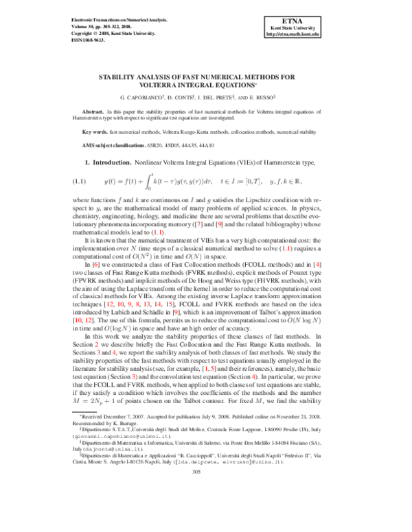 (PDF) STABILITY ANALYSIS OF FAST NUMERICAL METHODS FOR VOLTERRA INTEGRAL EQUATIONS