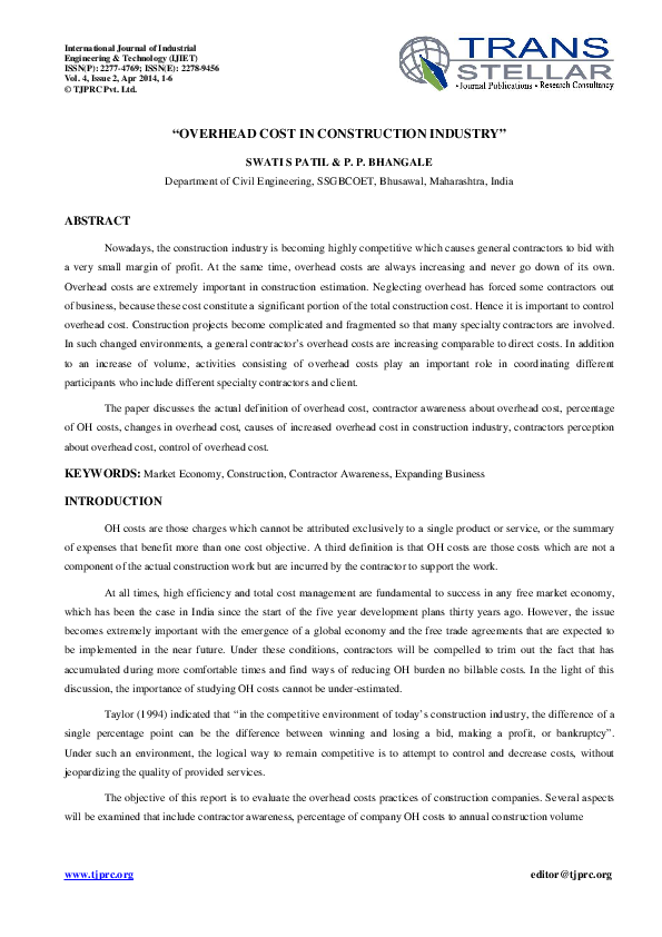 (PDF) “OVERHEAD COST IN CONSTRUCTION INDUSTRY”