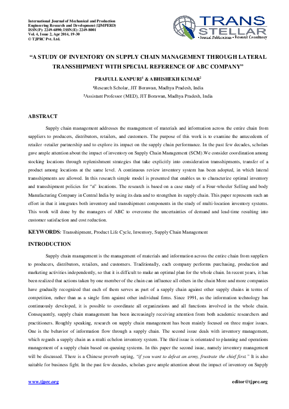 (PDF) “A STUDY OF INVENTORY ON SUPPLY CHAIN MANAGEMENT THROUGH LATERAL ...