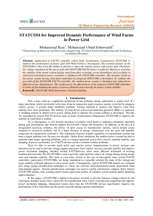 Pdf Statcom For Improved Dynamic Performance Of Wind Farms In Power Grid