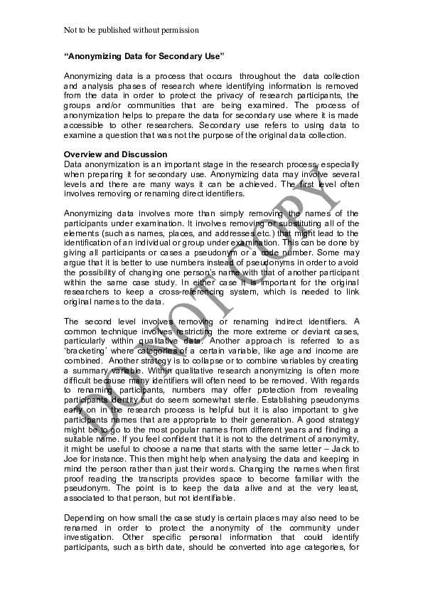 (PDF) Anonymizing Data for Secondary Use