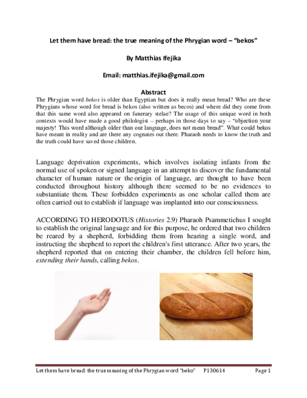 (PDF) Let them have bread: The true meaning of the Phrygian word "bekos"
