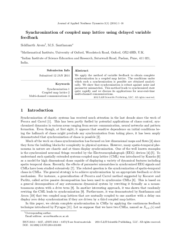 Pdf Synchronization Of Coupled Map Lattice Using Delayed Variable