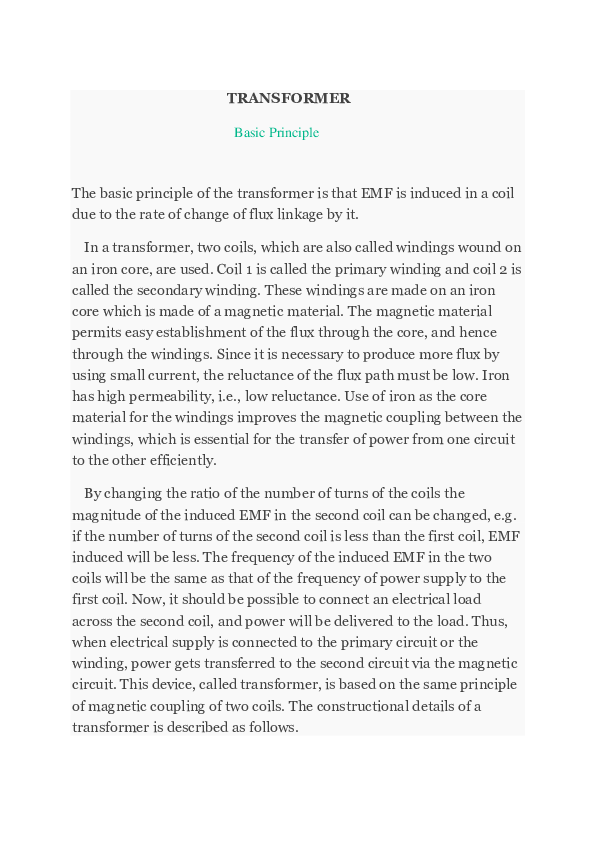 (PDF) TRANSFORMER Basic Principle