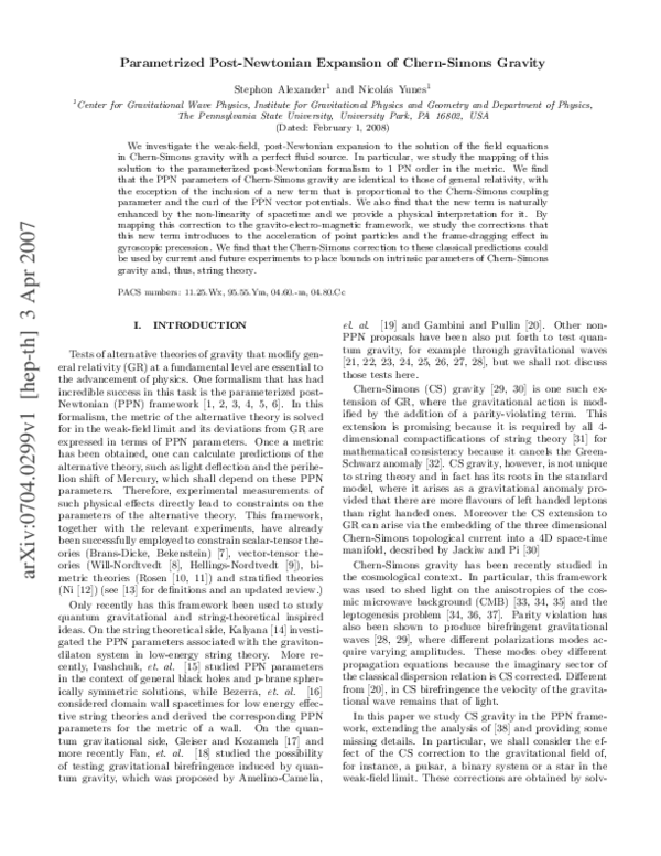 Pdf Parametrized Post Newtonian Expansion Of Chern Simons Gravity