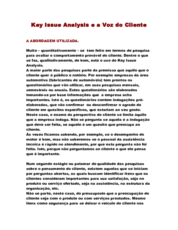 (DOC) Key Issue Analysis e a voz do Cliente