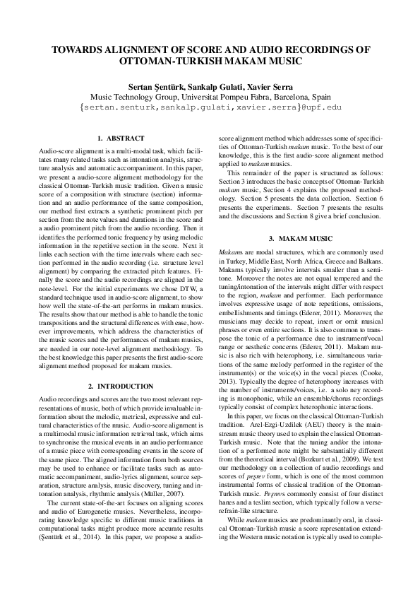 (PDF) Towards Alignment of Score and Audio Recordings of Ottoman-Turkish Makam Music