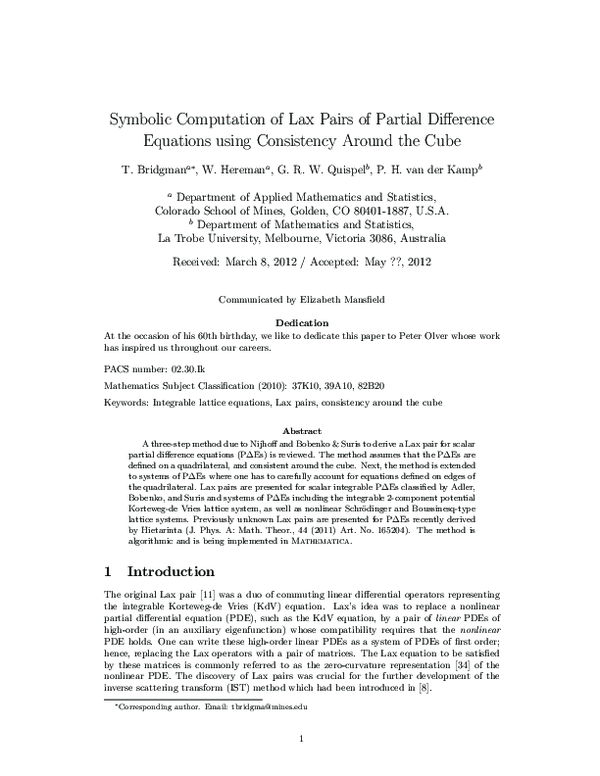 Pdf Symbolic Computation Of Lax Pairs Of Systems Of Partial Difference Equations Using