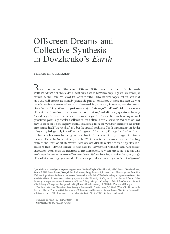 Offscreen Dreams and Collective Synthesis in Dovzhenko's Earth