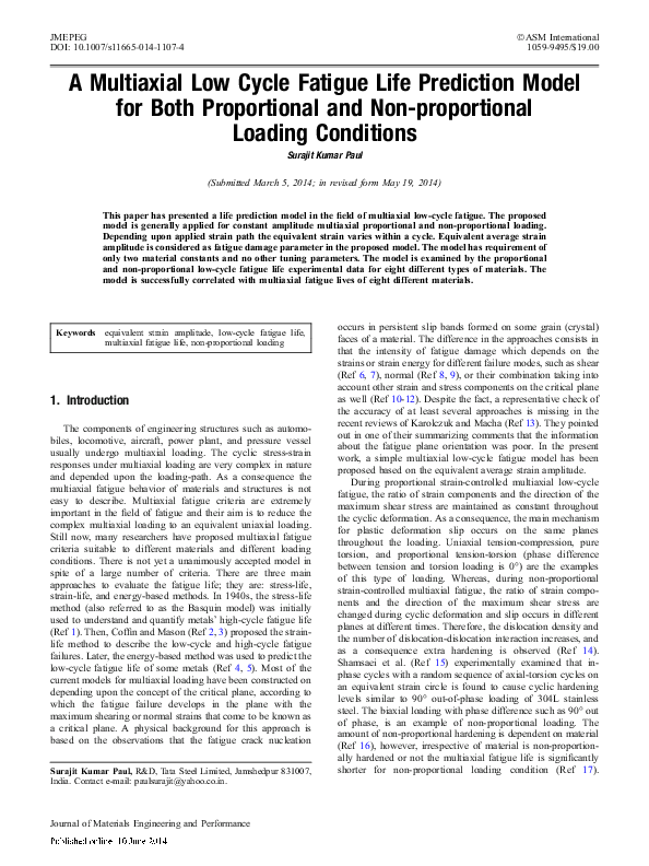 (PDF) A Multiaxial Low Cycle Fatigue Life Prediction Model for Both Proportional and Non ...
