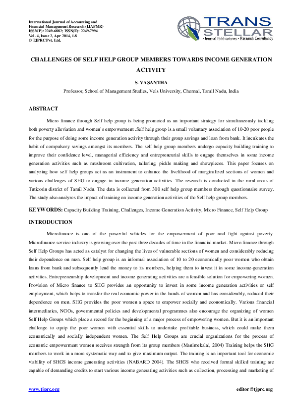 (PDF) CHALLENGES OF SELF HELP GROUP MEMBERS TOWARDS INCOME GENERATION ...