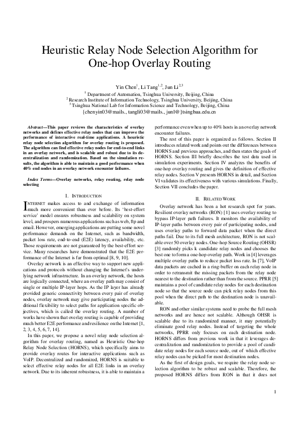 Pdf Heuristic Relay Node Selection Algorithm For One Hop Overlay Routing