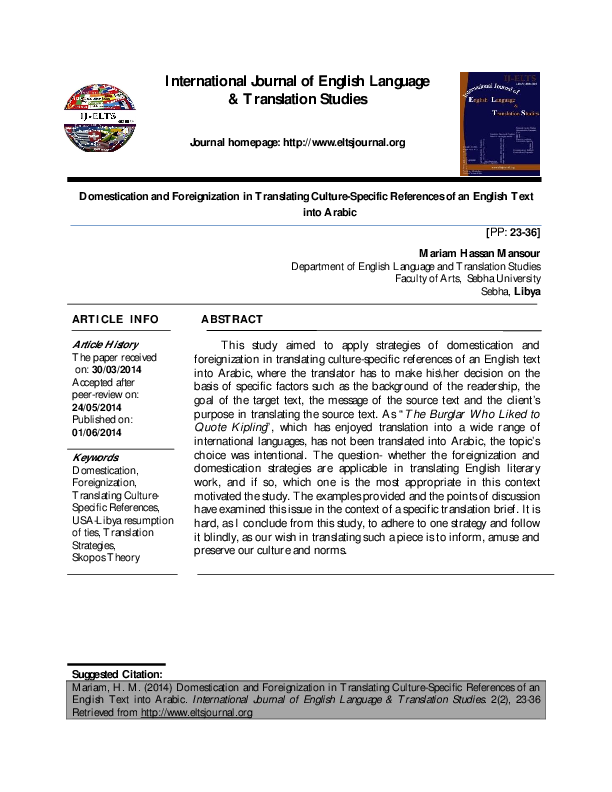(PDF) An Approach to Domestication and Foreignization from the Angle of ...