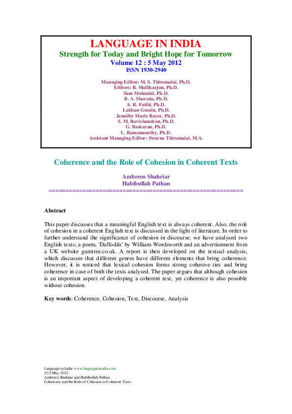 (PDF) Coherence and the Role of Cohesion in Coherent Texts