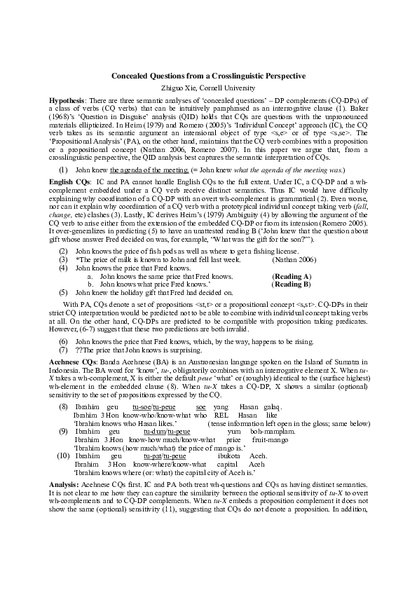 (PDF) Concealed Questions from a Crosslinguistic Perspective