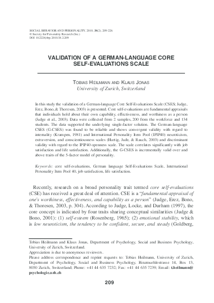 (PDF) Validation of a German-language core self-evaluations scale