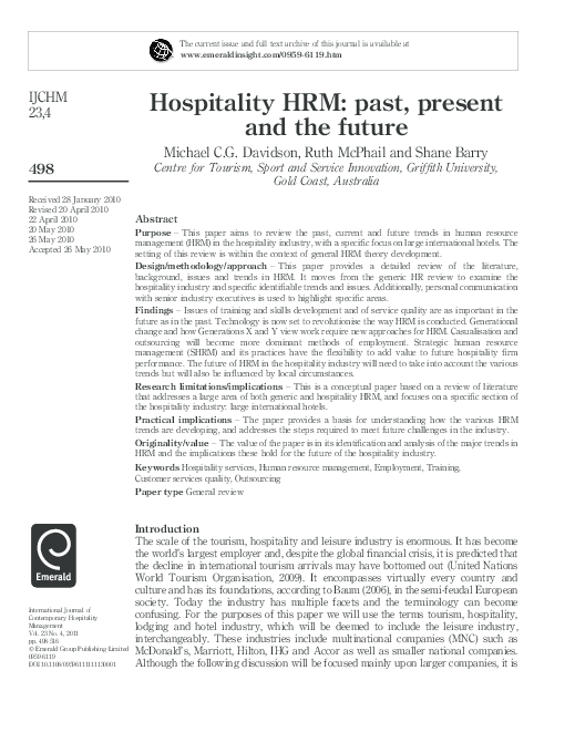 (PDF) Hospitality HRM: past, present and the future