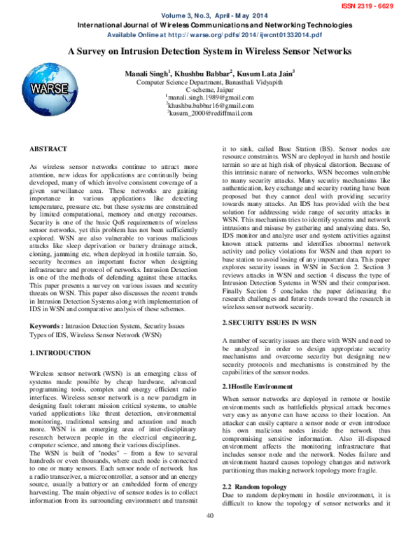 Pdf Intrusion Detection In Wireless Sensor Networks