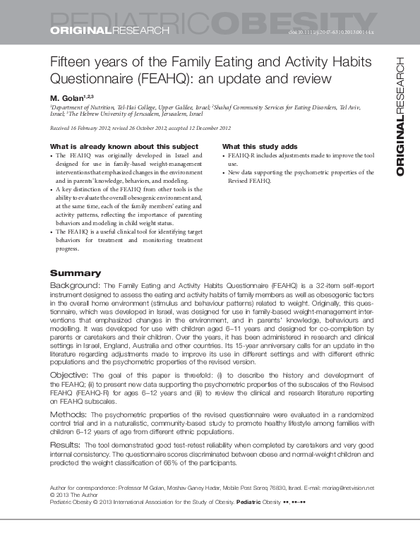 (PDF) Reliability and validity of the Family Eating and Activity Habits ...